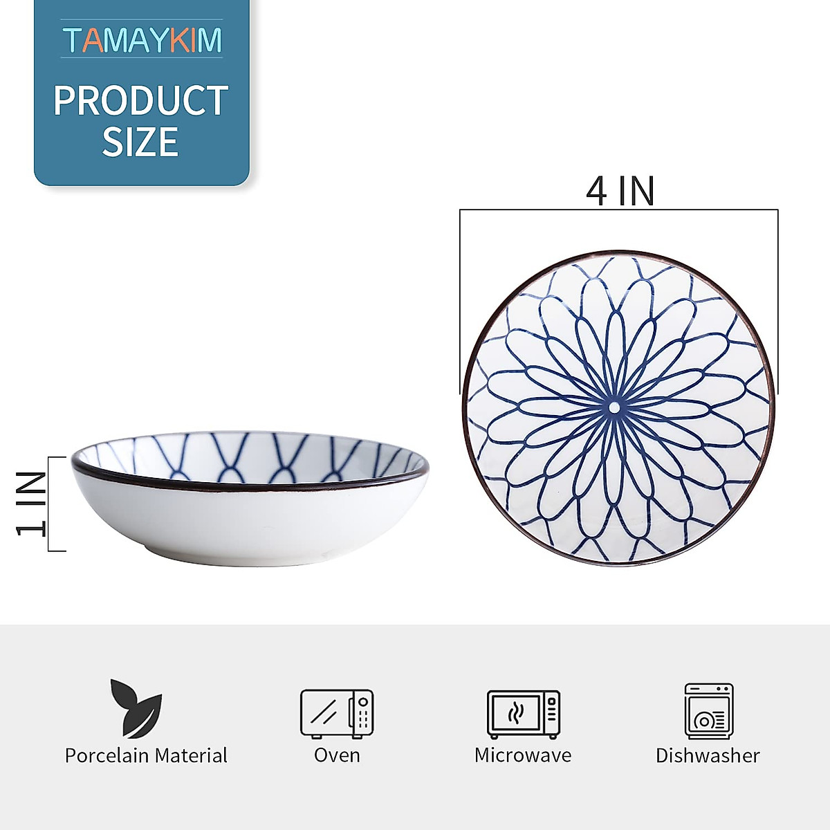 TAMAYKIM 12 PCS 4 Inch Ceramic Dipping Saucers, Porcelain Dipping Bowls, Japanese Style Small Sauce Bowls/Dishes for Sushi, Soy Sauce, Ketchup, BBQ, Oven, Microwave & Dishwasher Safe