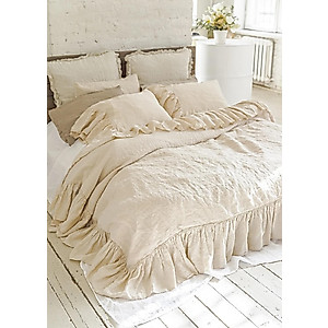 INDACORIFY Cotton Linen Ruffle Duvet Cover Bohemian Bedding 3 Pcs Set Linen Duvet with 2 Pillowcases with Ruffles Softened Comforter Cover Set (King 90X104 Inches)