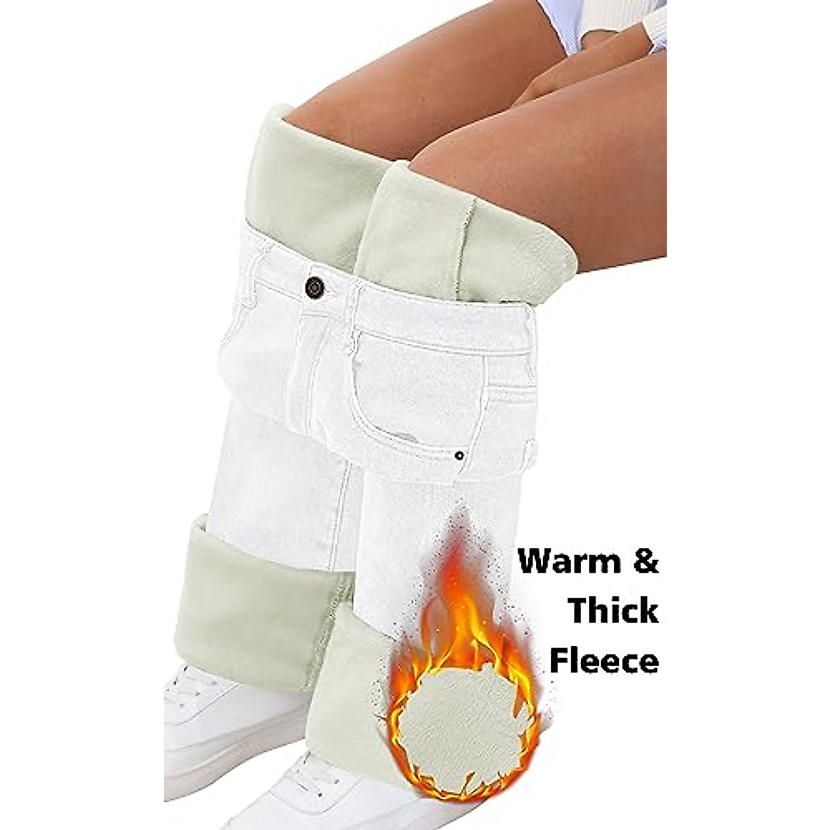 KDF Women's Flare Fleece Lined Jeans Thermal Fleece High Waisted Bell Bottom Jeans Winter Warm Fleece Pants 8,White