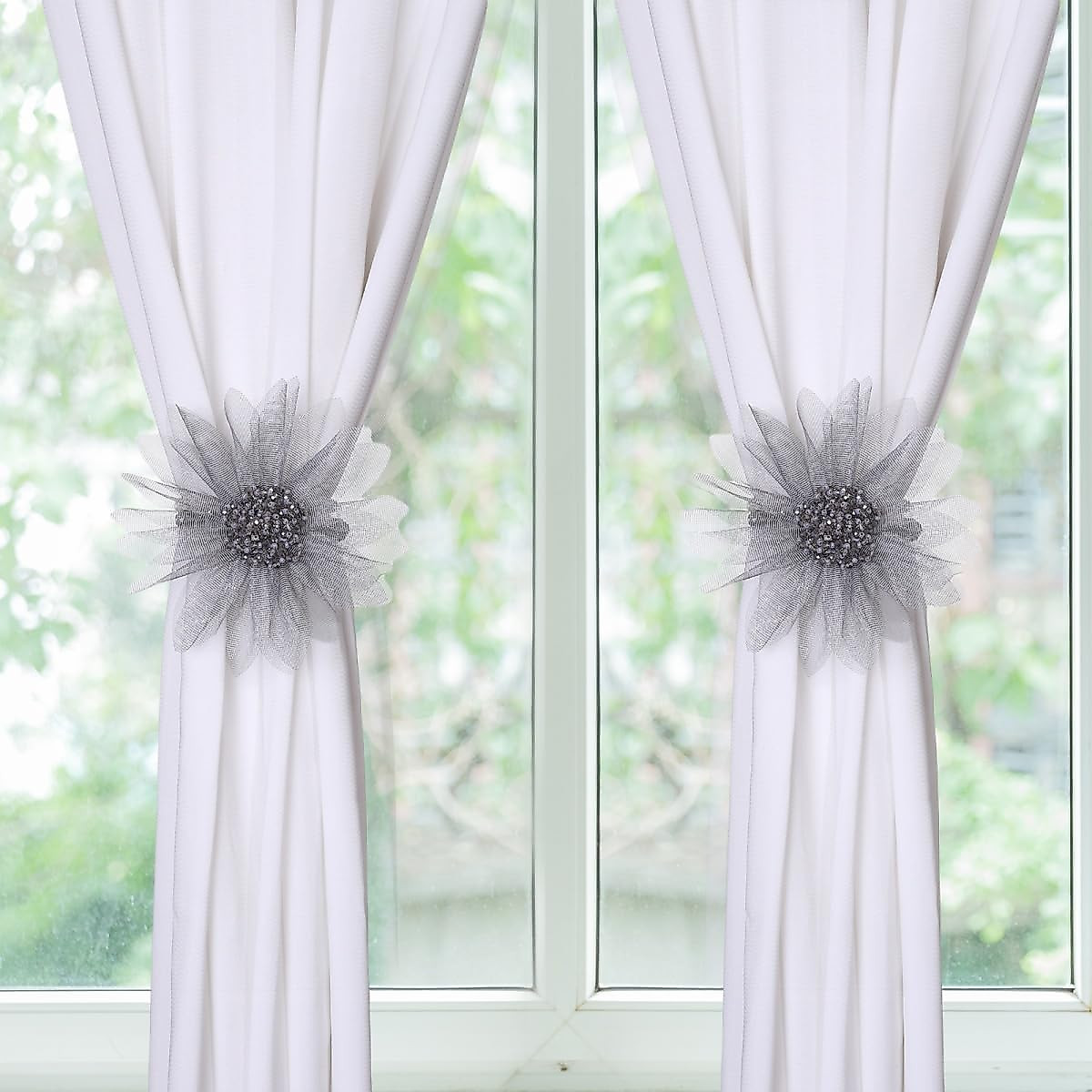 SUQ I OME 2 Pack of Handmade Crystal Pearl Beaded Magnetic Flower Curtain Tieback Holdback for Drapes（Gray