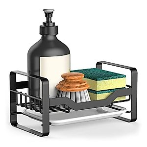 Kontoyo Kitchen Sink Caddy Sponge Holder,304 Stainless Steel Holder for Sink,Kitchen Organizer Soap Brush Dispenser,Countertop with Removable Drain Tray (Black)