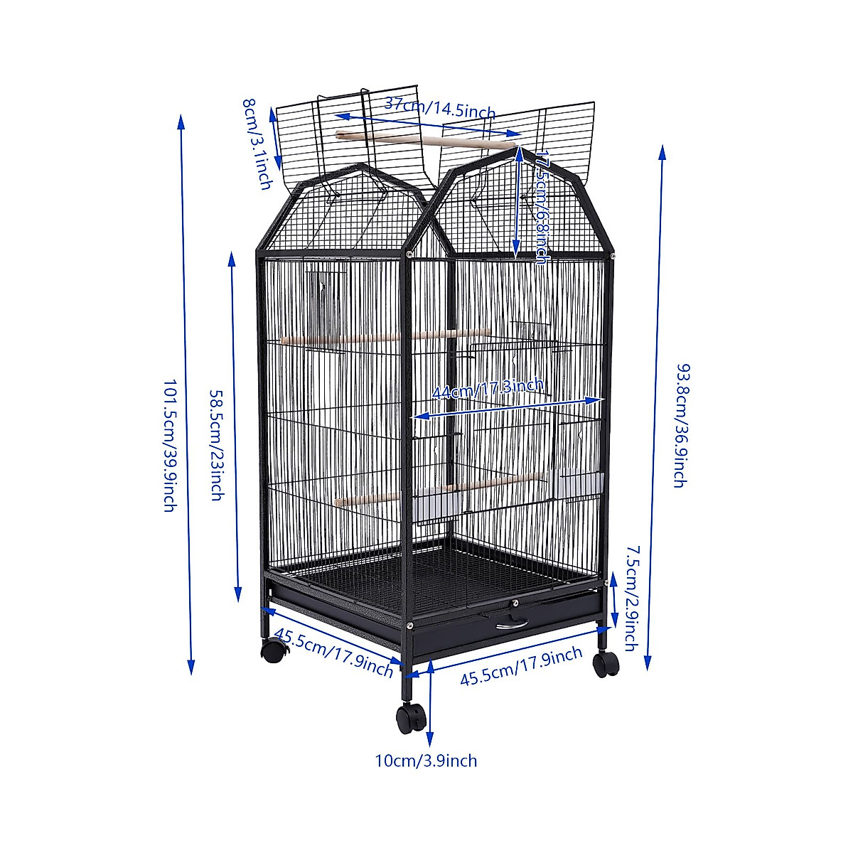 Bird Cage,Black Large Bird Cage with Rolling Stand,Large Pet Cage with Wheels,Cockatiel Parakeet Finch Parrot Birdcage 5 Door (17.9" L x 17.9" W x 39.9" H)