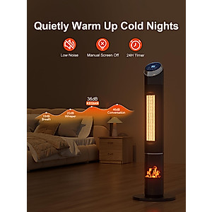 38'' Space Heater, Portable Electric Heater for Indoor Use, 1500W Ceramic Tower Heater with 3D Flame Effect, Adjustable Thermostat, 80° Oscillation, Safety Protection for Office Bedroom Home (Black)