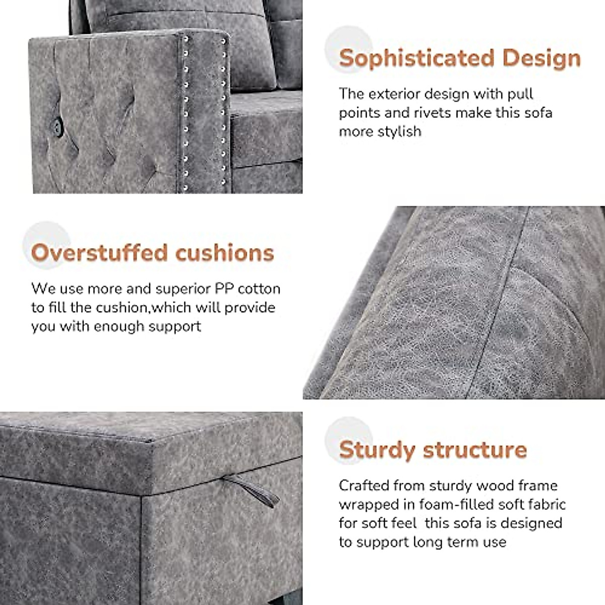 Merax 84" Pull-Out Sleeper Sofa Bed with USB Port,L-Shaped Storage Corner Sofa Bed with Storage Chaise Lounge, 3-Seater Upholstered Sofa Couch with Nail Head Trim