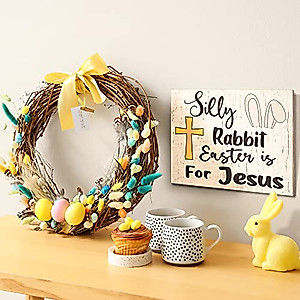 JennyGems Easter Decorations for the Home, Silly Rabbit Easter Is for Jesus Sign, Farmhouse Easter Decor, 7.25 x 6 Wooden Sign, Made in USA