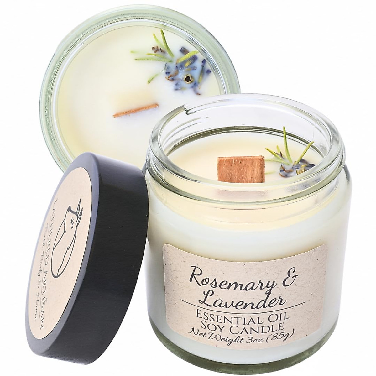 Rosemary & Lavender | Hand Crafted Plant Derived Candles | 23 Hour Burn | Pure Soy Candle with Wooden Wick | Natural Essential Oil Scented Aromatherapy | Aroma for Home & Office (Rosemary & Lavender)