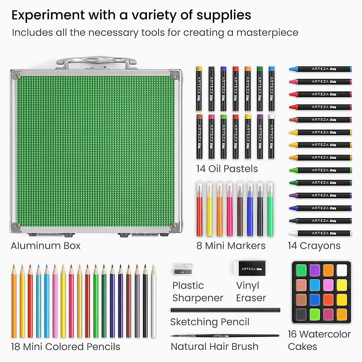 ARTEZA Kids Painting & Drawing Kit, 75-Piece Bundle, 18 Mini Colored Pencils, 16 Watercolor Paints, 14 Oil Pastels, 14 Crayons