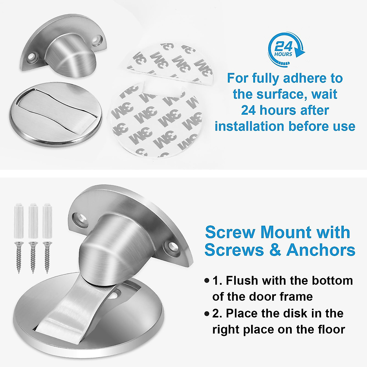 Magnetic Door Stopper, Invisible Magnetic Door Stop, Brushed Satin Nickel, No Need Drill with 3M Adhesive, Stainless Steel Floor Magnetic Door Catch Door Hold (Silver)