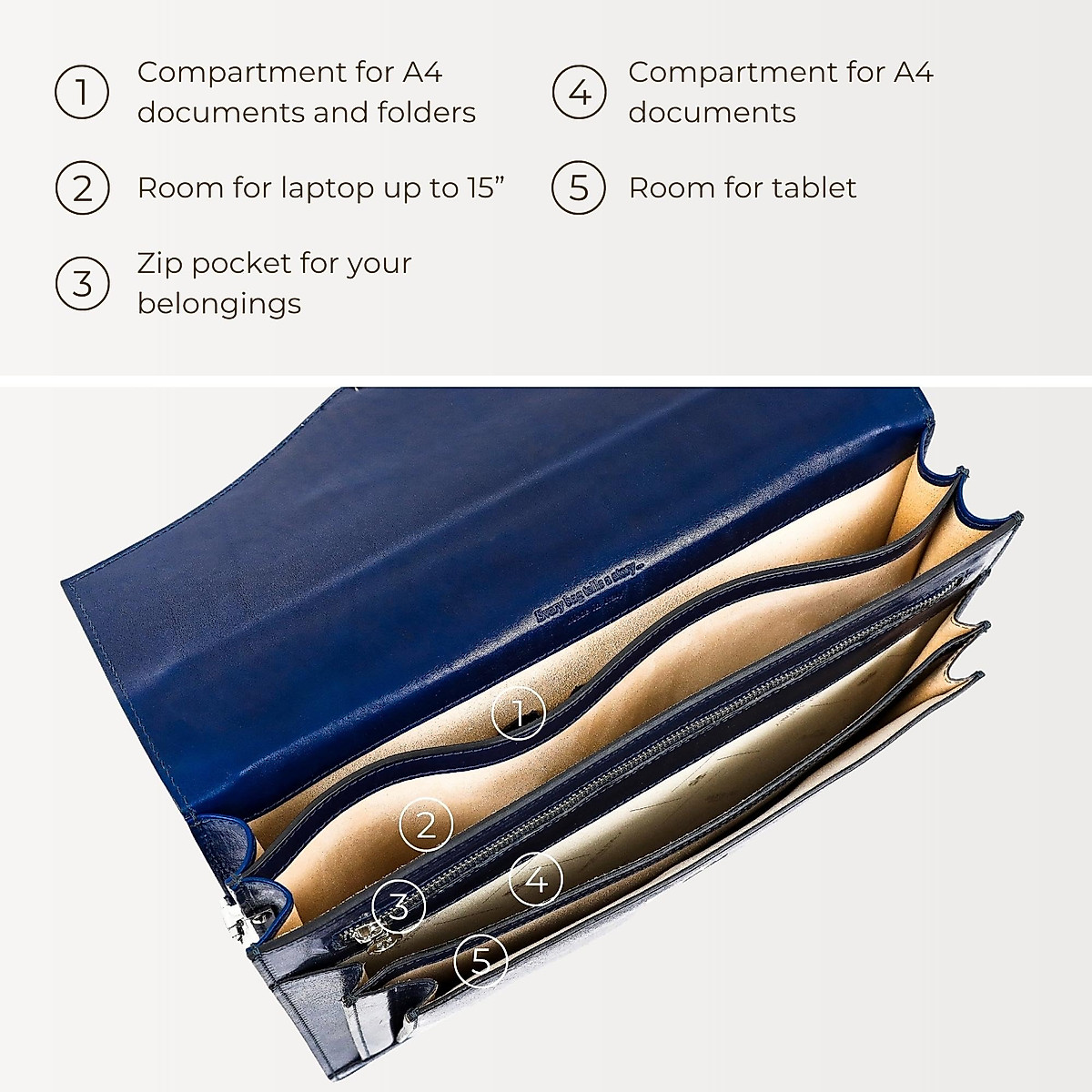 Time Resistance Leather Briefcase for Men Handmade Italian Laptop Bag Classy Blue Attache Case