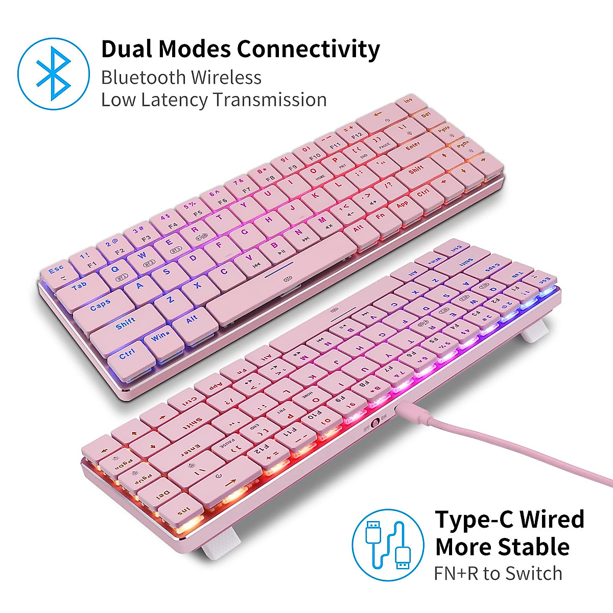 chuangquan CQ009 Mechanical Wireless/Wired Gaming Keyboard Bluetooth 5.0 RGB Backlit Red Switch Compact 69 Keys Compatible with PC, Laptop and Smartphone (Pink)