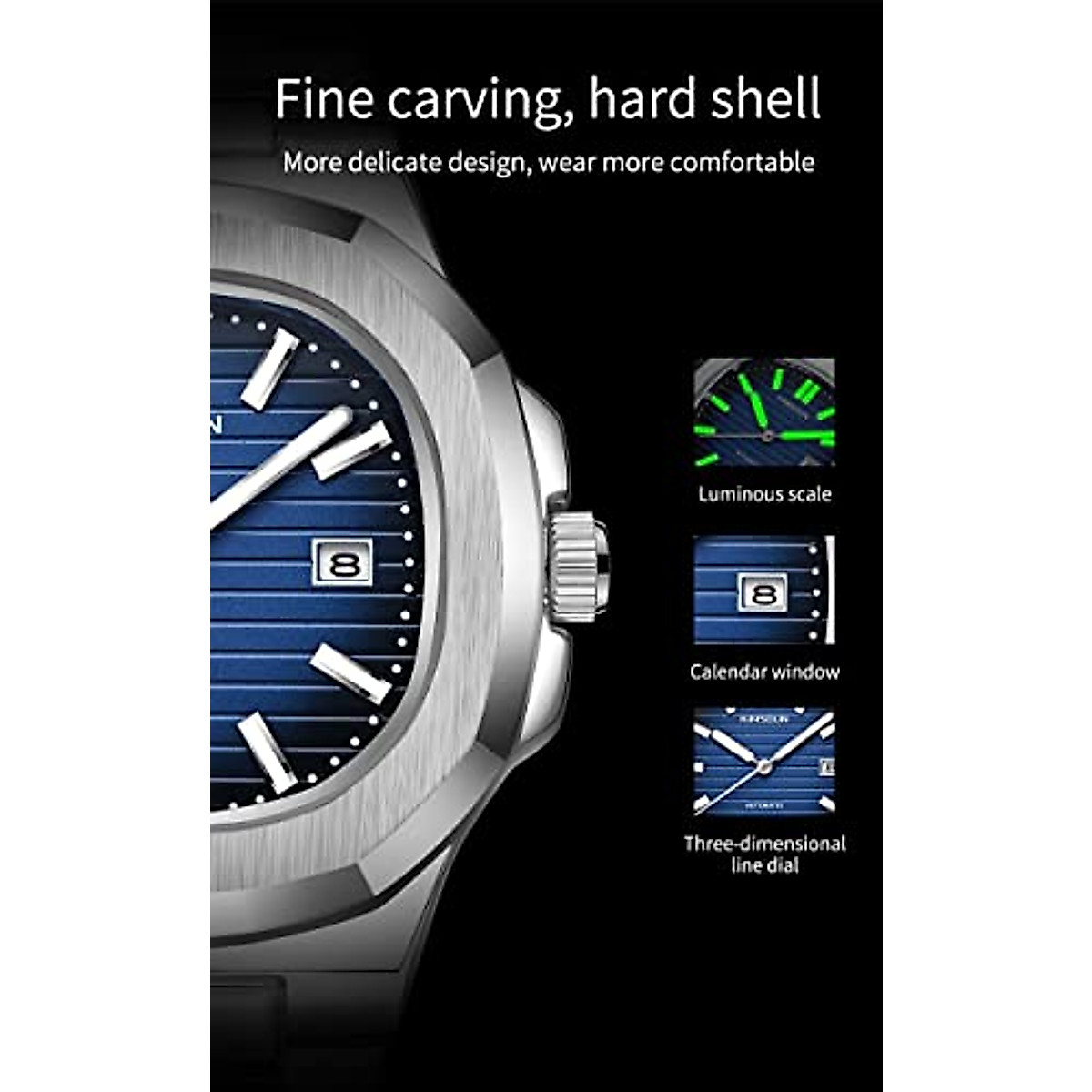 Deicicp Men's Automatic Stainless Steel Nautilus Watch, Classic Elegant Shockproof Waterproof Luminous Sapphire Crystal Analog Watch Business (Blue)