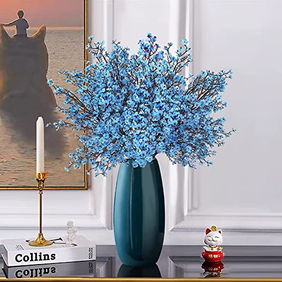 IVITA 6 Pcs Babys Breath Artificial Flowers Blue Bulk Real Touch Faux Silk Gypsophila Bouquet Fake Plastic Plants Decor for Home Wedding Bouquets Floral Arrangement Party Table Centerpieces