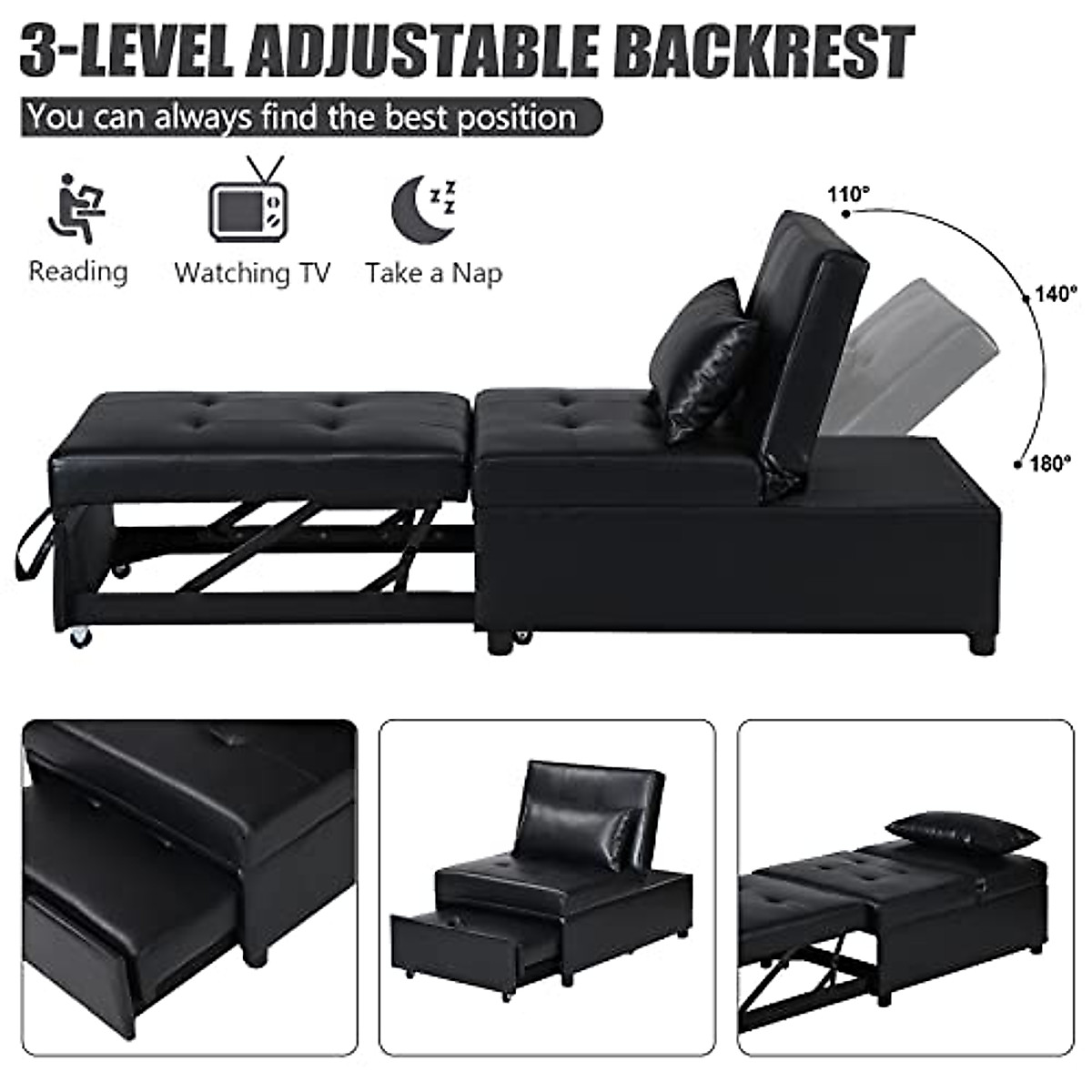 Sleeper Chair Bed, Convertible Chair Bed 4 in 1 Multi-Function Folding Ottoman Sofa Bed with Adjustable Backrest, Modern Single Bed Chair for Living Room/Small Space/Apartment, Black Faux Leather