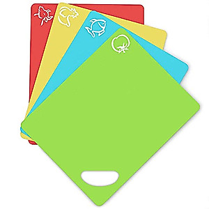 Extra Thick Flexible Plastic Cutting Board Mats With Holes For Hanging And Food Icons & "EZ-Grip" Waffle Back, (Set of 4) Dishwasher Safe