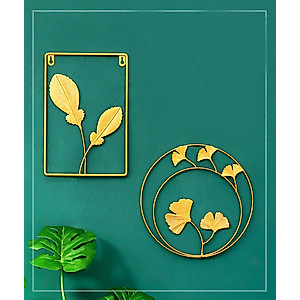 samanoya Iron Wall Sculptures,Metal Round Room Decor and Home Decor with Hanging Leaf Gingko Ornaments Great for Bedroom Hotel Wall Decoration (Gold（Round Square Suit）)