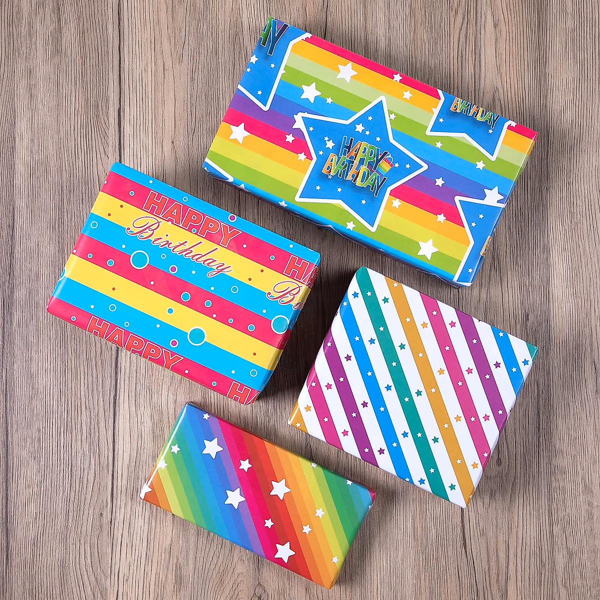 PlandRichW Rainbow Wrapping Paper Folded for Kids Boys Girls Birthday with Rainbow Star Stripe Line Happy Birthday 4 Designs for Baby Shower, Party, Precut 12 Sheets Each 20"x29"