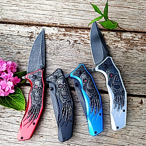 MADSMAUG Pocket Knife, Cool Pocket Folding Knife with 3D Embossed SKULL patterns, Great festival Halloween Christmas Gift EDC knife For Men Outdoor Survival Camping (Red)