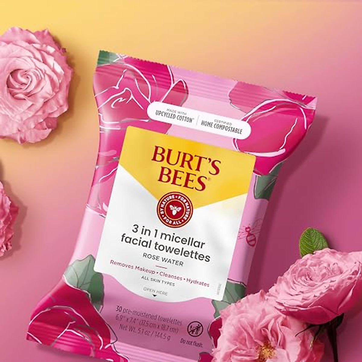 Burt's Bees Micellar Facial Towelettes With Rose Water, Pre-Moistened Towelettes for All Skin Types, 99.5 Percent Natural Origin Skin Care, 30 ct. Package