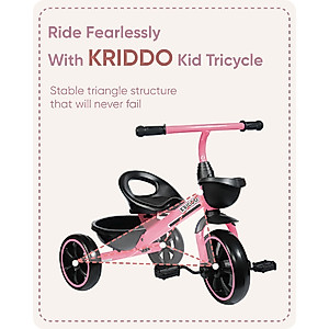 KRIDDO Tricycle for 2-5 Year Olds - Pink Toddler Trike With Gift for 24 Month to 4 Year Old Girls