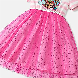 L.O.L. Surprise! Kid Girls Striped Glitter Design Short Sleeve Tutu Dress Tulle Princess Dress Party Birthday 11-12 Years Pink