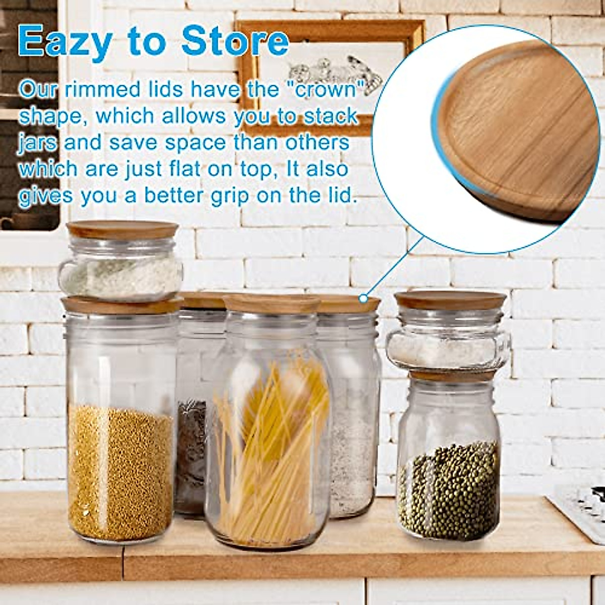 6 Pack Mason Jar Wooden Storage Lids, Reusable Canning Lids, Perfect for Wide Mouth Ball, Kerr, Weck Jars to Stack in Kitchen & Pantry, Food Grade Acacia Wood, BPA-Free, Leak Proof, Airtight