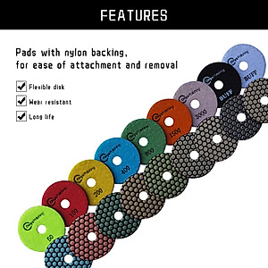 Onyx 9 PCS Dry Diamond Polishing Pads 4 Inch, Grit 50-3000, White Buff, Black Buff, Granite, Marble, Engineered Stone, Concrete, Countertop Polish Pads