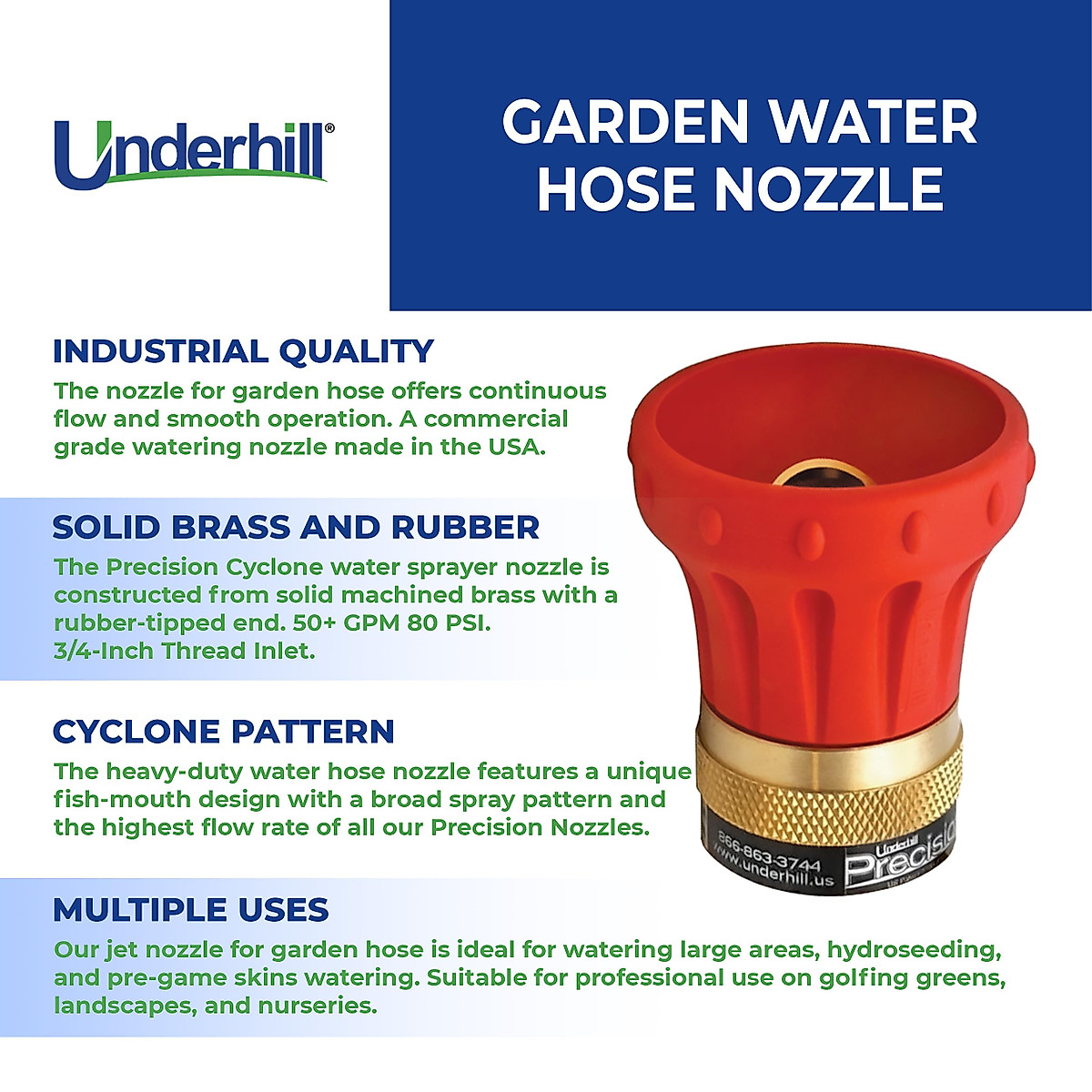 Underhill Precision Cyclone Garden Water Hose Nozzle Sprayer, 50+ GPM 80 PSI, 3/4-Inch Thread Inlet, High Pressure Heavy-Duty Brass and Rubber, HN5000