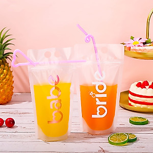 18 Pcs Zipper Plastic Pouches Drink Bags with Straws for Bride Party Heavy Duty Hand-held Translucent Frosted Bags with Drink Straws Wedding Party Decoration for Bride Women Girl