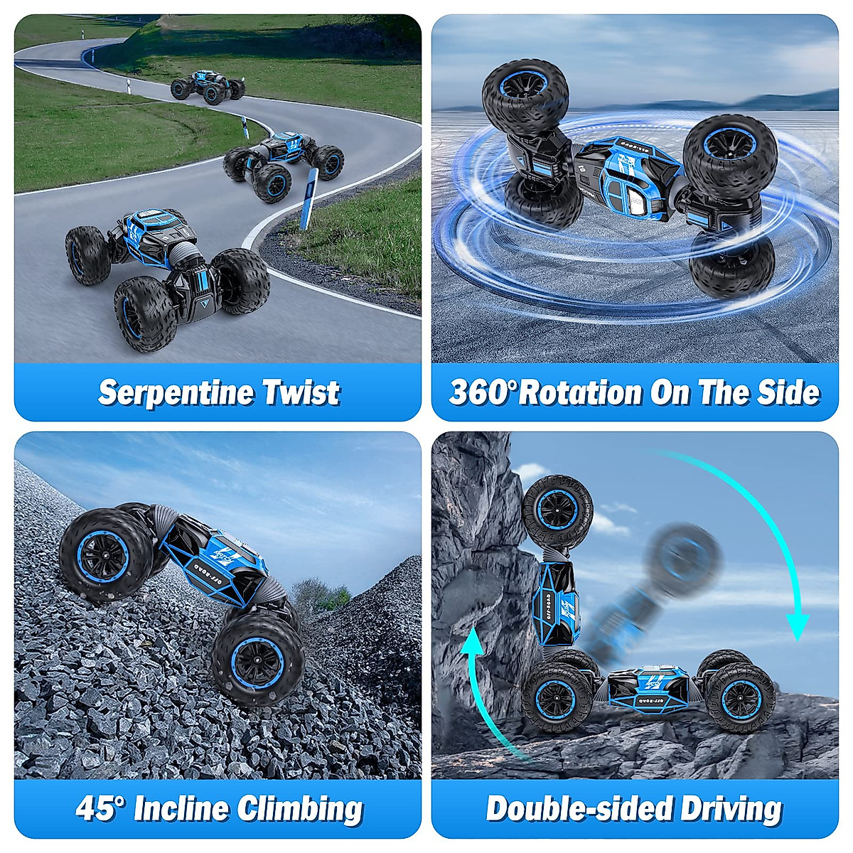 Powerextra Gesture Sensing RC Car, 1:16 Scale Outdoor Remote Control Car Crawler, 4WD Transform RC Car, Double Side All Terrains Toy Stunt Car with Two Batteries, 50+ Mins Play Time for Kids & Boys