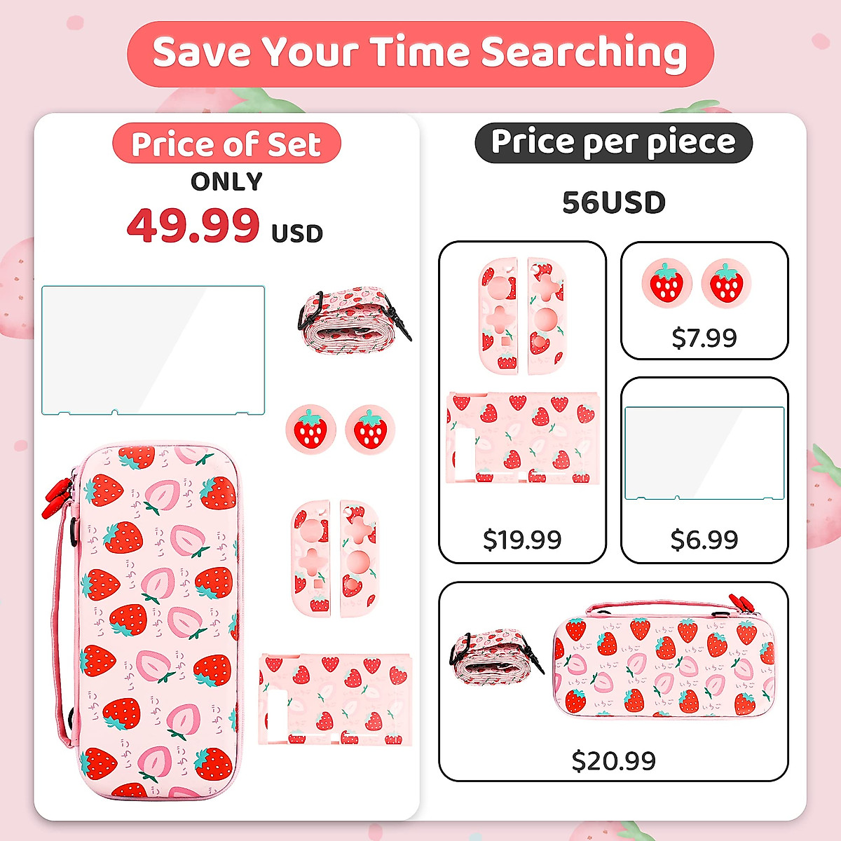 FUNDIARY Cute Strawberry Carrying Case for Nintendo Switch, Travel Bag Accessories Bundle for Switch with Protective Case, Screen Protector, Adjustable Shoulder Strap and 2 Strawberry Thumb Caps