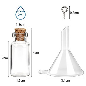 SUPERLELE 60pcs 2ml Small Mini Glass Bottles Jars with Cork Stoppers, 120pcs Eye Screws and 3pcs Small Funnels