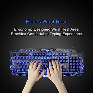 BlueFinger Backlit Gaming Keyboard and Mouse and LED Headset Combo,USB Wired 3 Color Crack Backlit Keyboard,Blue LED Light Gaming Headset,Gaming Keyboard Mouse Headphone Set for Work and Game