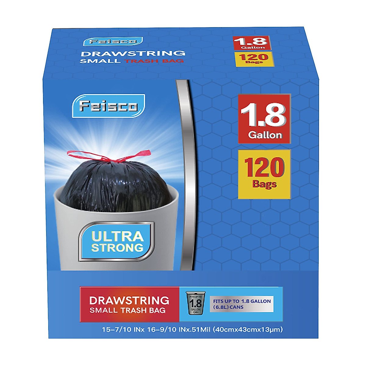 Feisco 1.8 Gallon Black Trash Bag,Small Drawstring Garbage Bag Trash Can Liner,120 Counts,0.51 Mil