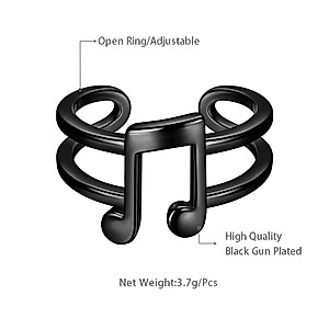 beautlace Musical Note Adjustable Rings Black Gun Plated Love Heart Treble Clef Music Note Open Ring Jewelry Gifts for Music Lover KR0039K