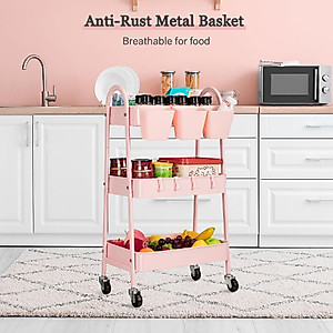 danpinera 3-Tier Rolling Cart, Metal Rolling Storage Cart with Lockable Wheels & Hanging Cups & Hooks, Mobile Trolley Cart for Kitchen, Bathroom, Office, Workshop, Pink