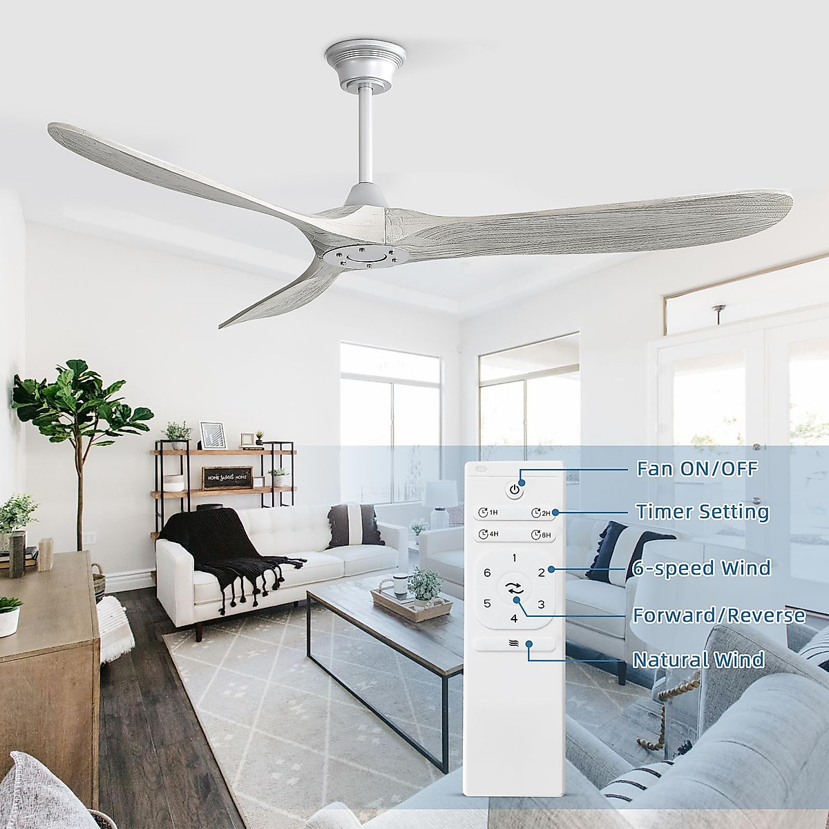 CACI Mall 60" Ceiling Fan no Light, Outdoor Ceiling Fans for Patios Without Lights, Remote Control, Solid Wood 3 Blades, Quiet, Indoor Ceiling Fan for Living Room, Patio, Bedroom, Porch, Farmhouse