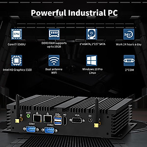 Thdeukoty Fanless Mini Industrial PC, Desktop Computer Core i7-5500U Windows 10 Pro, 16GB RAM 512GB SSD, 2xNICs, 2*COM RS232, 4xUSB3.0, Dula-Band WiFi, HDMI/VGA Ports, Gigabit LAN, Auto Power On