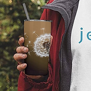 FHENMSA Stainless Steel Insulated Travel Coffee Mug,Blown Dandelion Blossom Print Reusable Car Cup,Thermal Cup for Outdoor with Straw And Lid