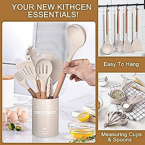 28 Pcs Silicone Cooking Utensils Kitchen Utensil Set - 446°F Heat Resistant, Turner Tongs, Spatula, Spoon, Brush, Whisk, Wooden Handle, Kitchen Gadgets with Holder for Nonstick Cookware (Khaki)
