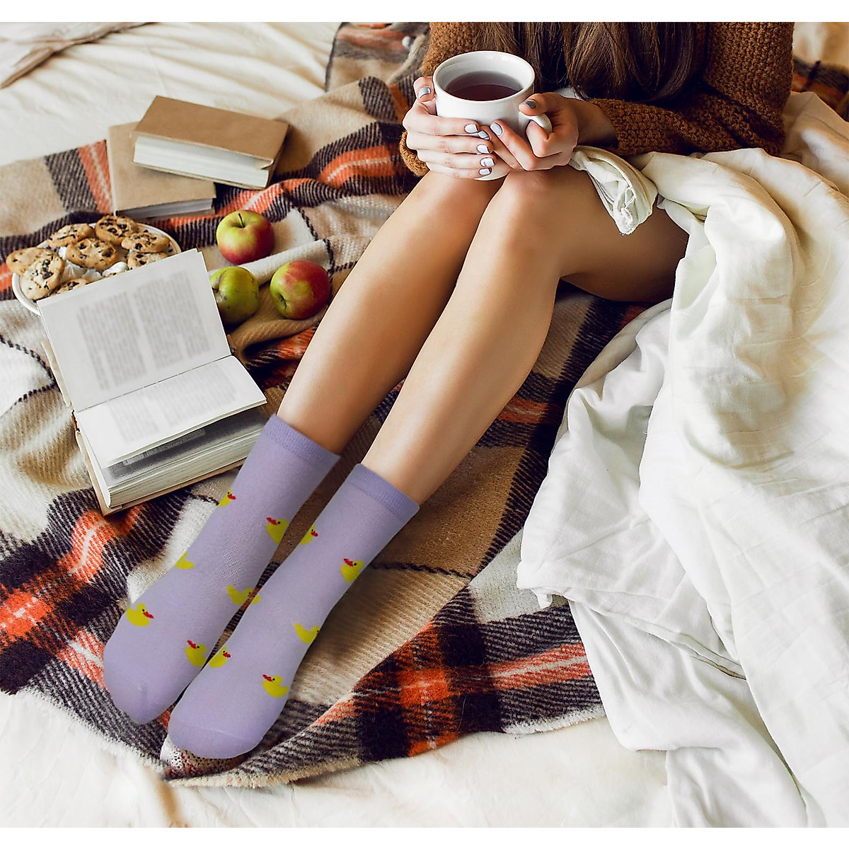 KONY 5 Pack Women's Cute Animal Socks Cotton Cat Dog Duck Patterned Novelty Fun Crew Socks Gift Size 6-9 (Ducks)