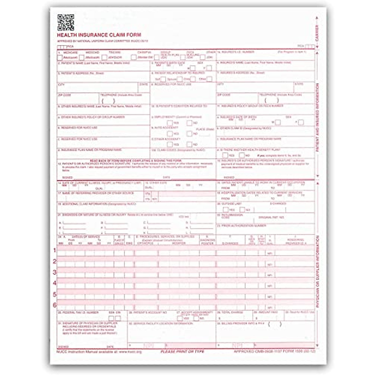 SecurityDocs 500 CMS-1500 Health Insurance Claim Forms, Laser/Inkjet Compatible (HCFA Form 1500 Version 02-12) 8.5x11, 500 Forms (59211)
