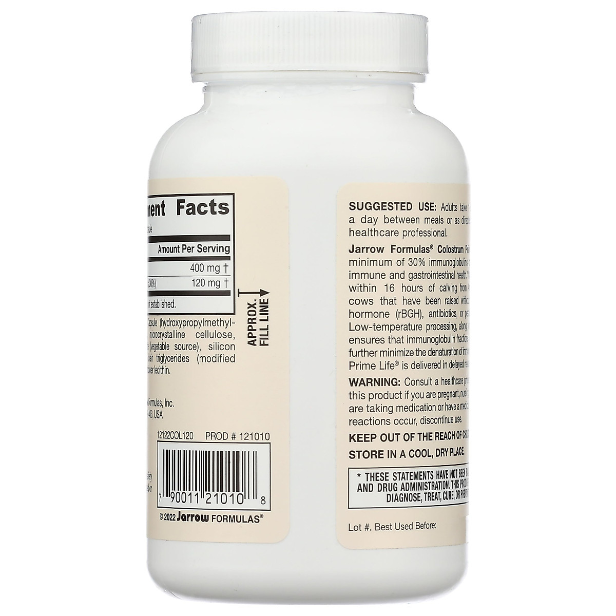 Jarrow Formulas Colostrum Prime Life 400 mg, Dietary Supplement, Immune and Gastrointestinal Support, 120 Capsules, 120 Day Supply