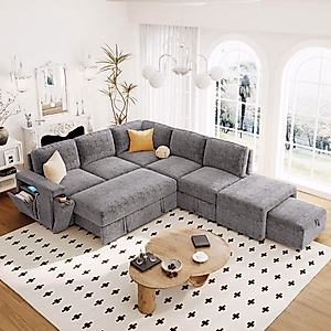 Merax L-Shaped Modular Sofa with Removable Storage Ottoman, USB Ports and Cup Holder, Upholstered Sectional Couch & Armrest, Free Combination Indoor Furniture for Living Room, Apartments, Gray