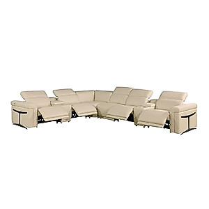 BlackJack Furniture Riccardo 8-Piece Italian Leather Sectional Sofa with 4 Power Reclining Couch Seats, USB & Wireless Chargers, Headrests, Lumbar Support, Cup Holder, and Console Storage, Beige