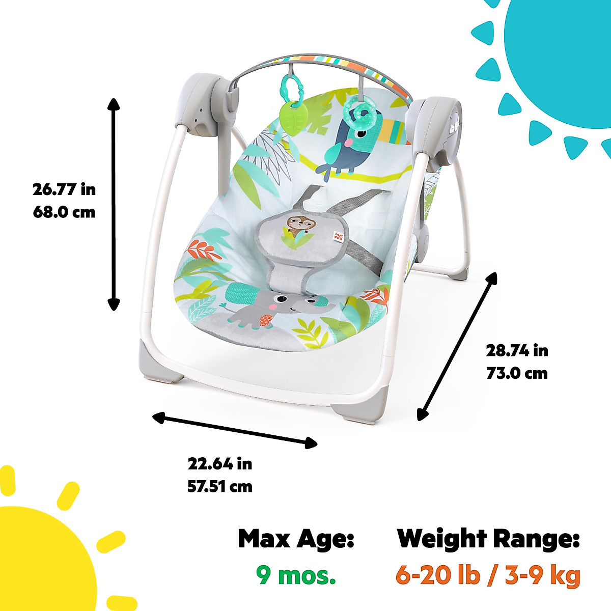 Bright Starts Portable Automatic 6-Speed Baby Swing with Removable -Toy Bar, 0-9 Months 6-20 lbs (Rainforest Vibes)