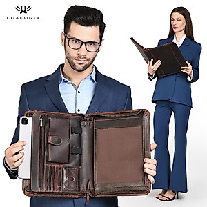 Leather Portfolio Binder, Professional Organizer Padfolio – Resume Folder, Business Card & Document Holder, Portfolios for Men & Women, Office & Business Supplies by Luxeoria | (Large - Brown)