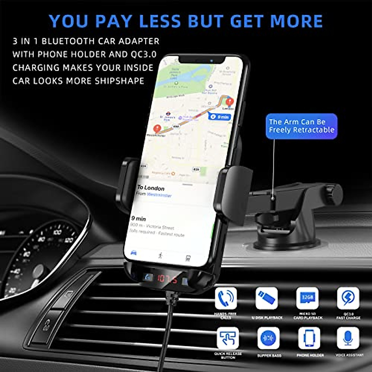 Magift Bluetooth FM Transmitter for Car - 3 in 1 Bluetooth Car Adapter with Phone Holder Supports QC3.0 Charging,Stronger Microphone & Enhanced FM Transmission are Built in Car Bluetooth Adapter