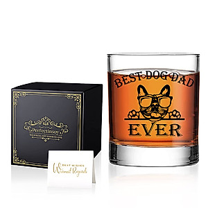 Perfectinsoy Dog Dad Ever Whiskey Glass with Gift Box, Cute French Bulldog Themed, Dog Lover Gifts for Him, Dog Dads, Dad, Grandpa, Uncle, Brothers, Husband, Whiskey Glass Gift for Dog Lovers …