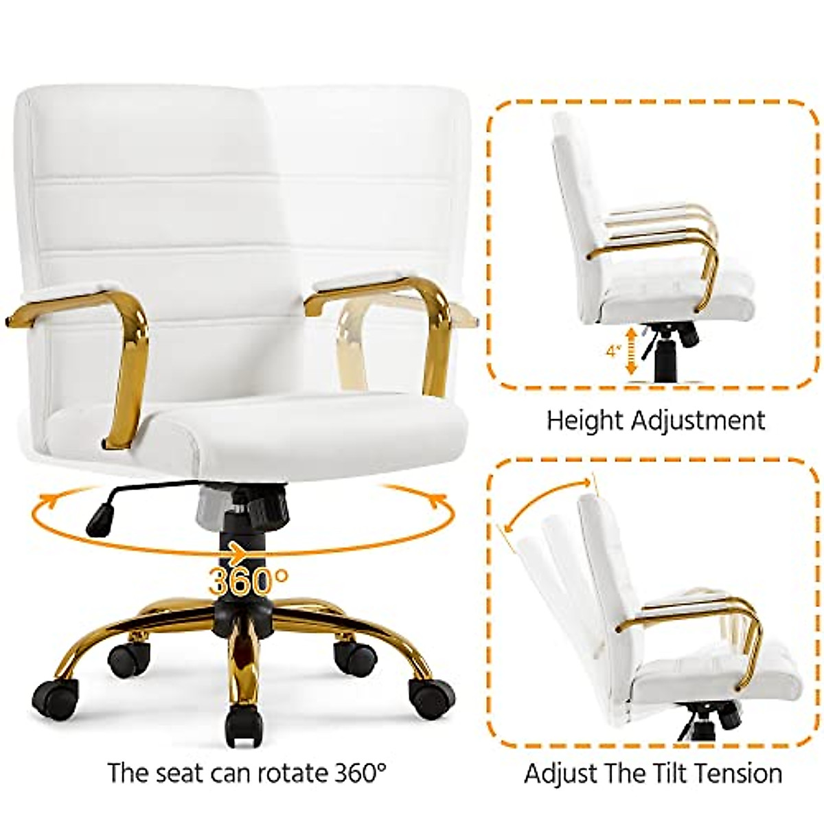 Topeakmart Office Desk Chair Mid-Back Adjustable Chair PU Leather Executive Chair w/Gold Frame White Seat
