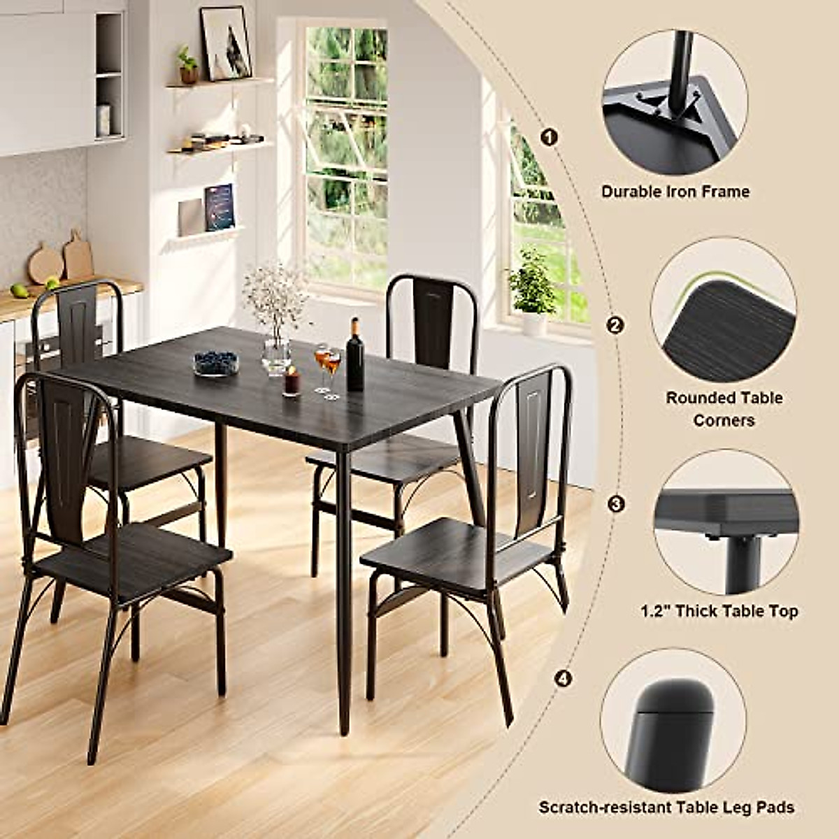 Gizoon Dining Table Set for 4 with Chairs, 5-Piece Kitchen Table and Chairs for 4 with Thick Board for Home, Small Space, Apt, Heavy-Duty, Black